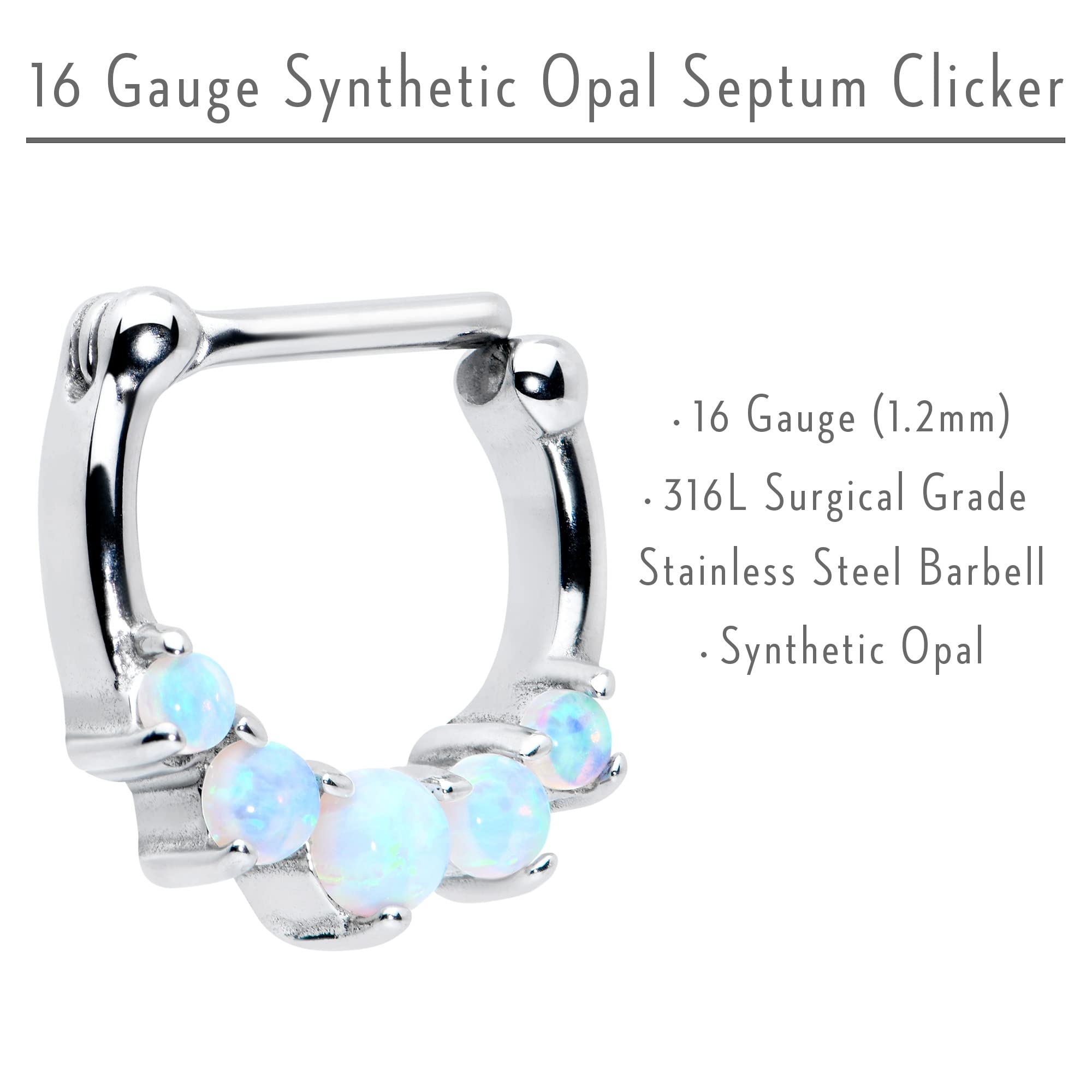 Body Candy Stainless Steel Barbell White Synthetic Opal Quintet Septum Clicker 16 Gauge 1/4"