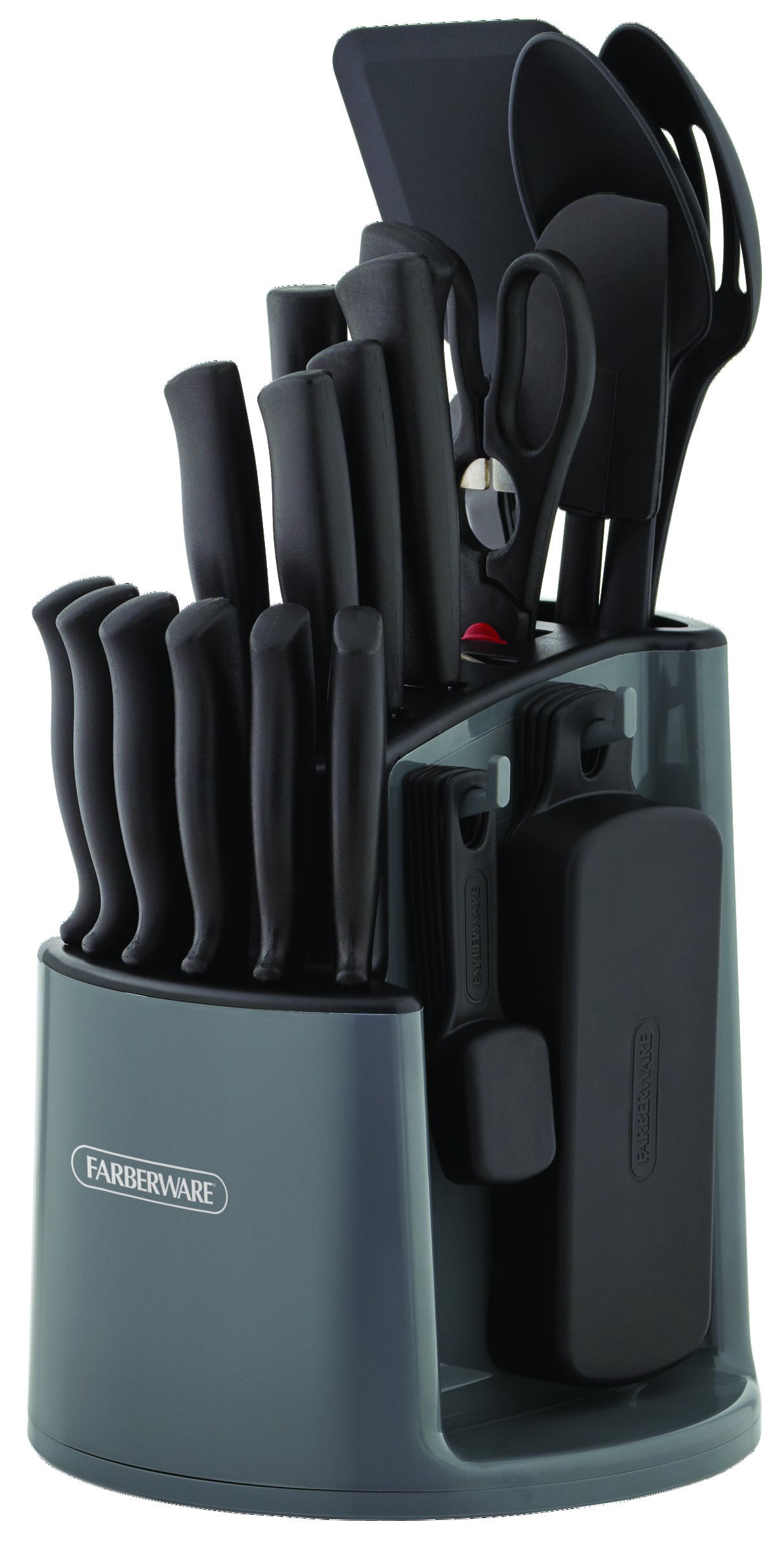 Farberware 30-Piece Spin-and-Store Knife and Kitchen Tool Set with Rotating Storage Caddy, High Carbon-Stainless Steel Kitchen Knives, Razor-Sharp Knife Set, Black