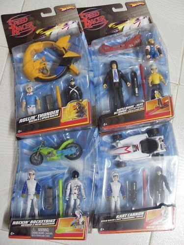 Hot Wheels Speed Racer Action Figure 2 Packs. The Four Included Speed Racer Two Packs are Rollin Thunder, Battle Board, Rockin Rocketbike, Kart Cannon. Includes Speed Racer (3), Pops, Spridle, Chim