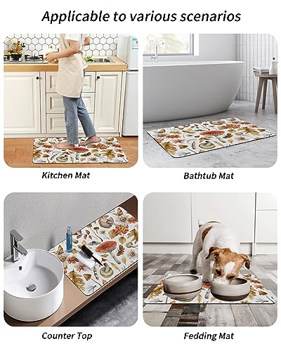 Gogobebe Super Absorbent Diatom Mud Mat Fall Thanksgiving Mushroom Retro Rustic Floral Botanical Leaves Quick-Drying Thin Bath Mat Non-Slip Bathtub Mat Anti-Skid Rubber Bathroom Shower Mat 16x24in
