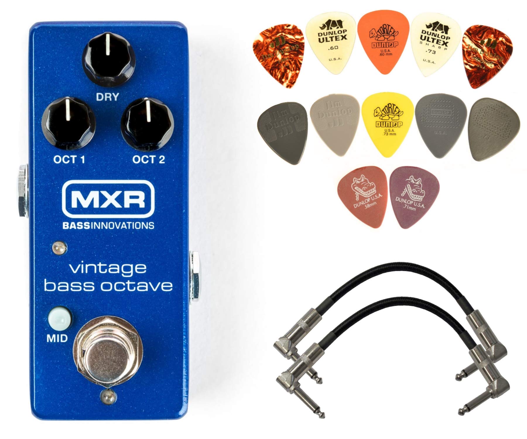 MXR M280 Vintage Bass Octave Effects Pedal Bundle with 2 Patch Cables and Dunlop Pick Pack