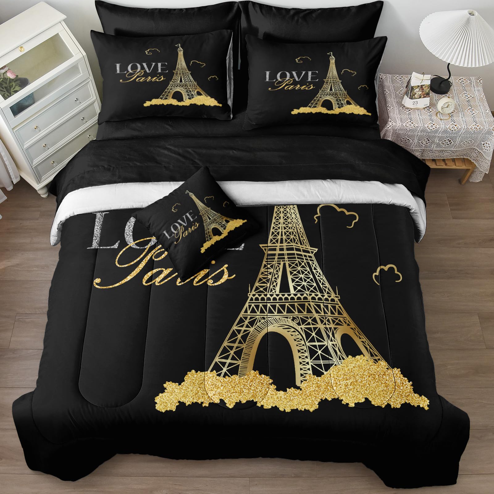 Black and Gold Comforter Set Queen Black Bed in a Bag 8 Pieces Boho Hippie Bedding with 1 Comforter, 1 Flat Sheet, 1 Fitted Sheet, 4 Pillowcases, 1 Cushion Cover (Queen, Marble)