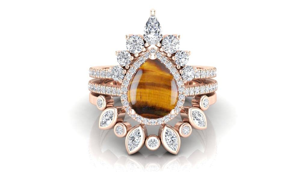 Beautiful Natural Cabochon Tiger's Eye Engagement Ring Set, Antique 3Pcs Wedding Ring Set For Bride, Vintage Halo Ring Set,Gift For Birthday (ROSE GOLD, 7)