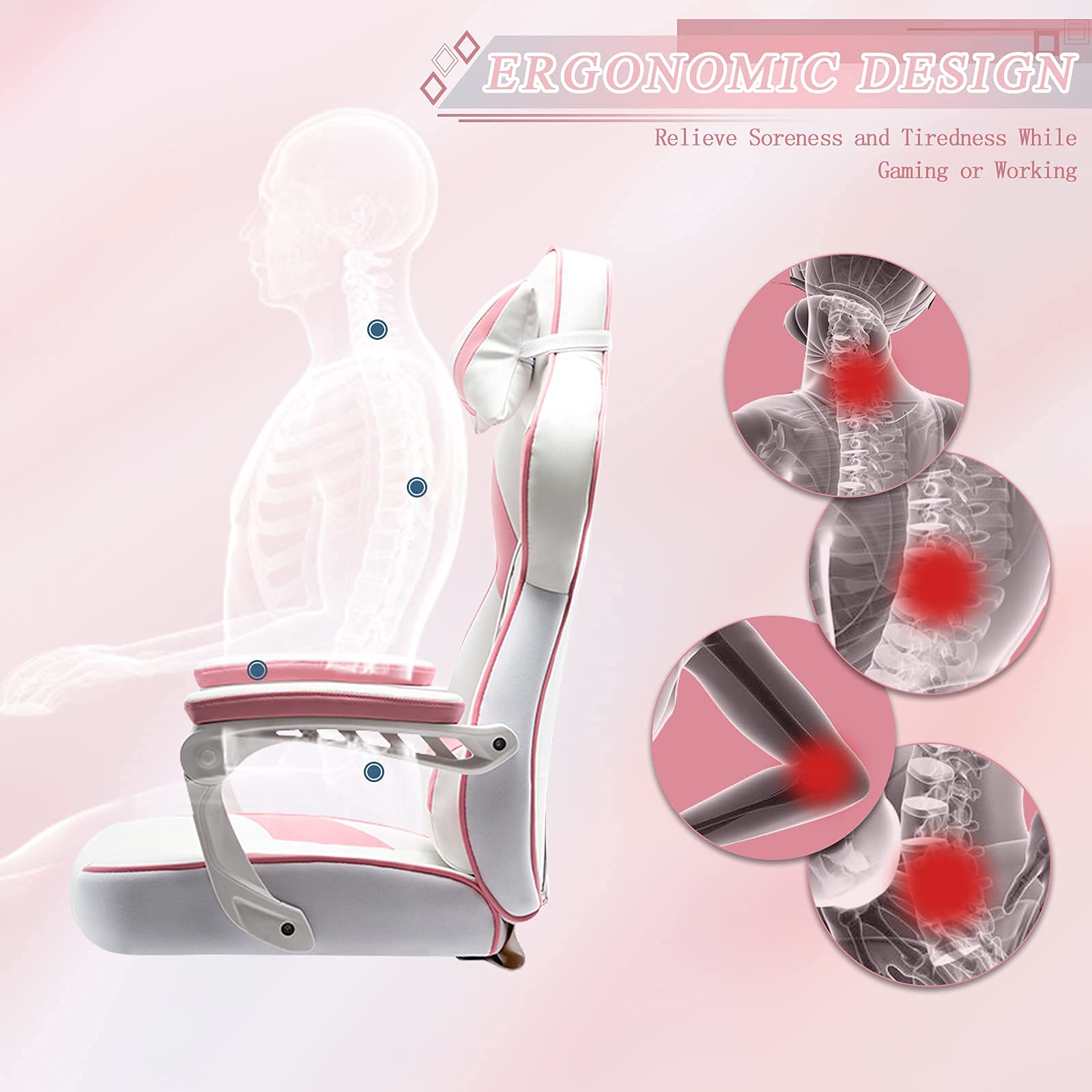 Bonzy Home Gaming Chair Office Chair High Back Computer Chair PU Leather Desk Chair PC Racing Executive Ergonomic Adjustable Swivel Task Chair with Headrest and Lumbar Support (Pink)