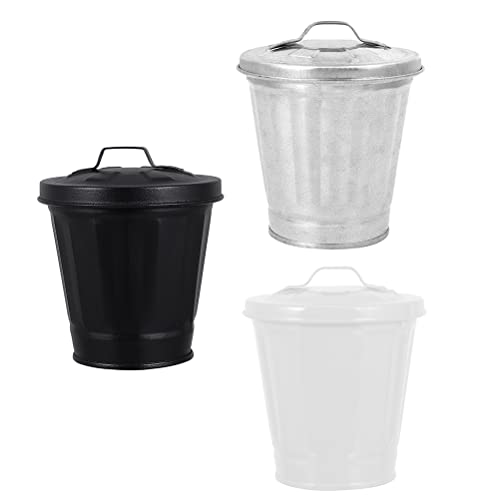 LUOZZY 3pcs Small Metal Trash Can with Lid | Galvanized Trash Can | Small Galvanized Trash Can with Lid Mini Desktop Wastebasket Tiny Garbage Can Flowerpots, 3.5 x 3.7 inch