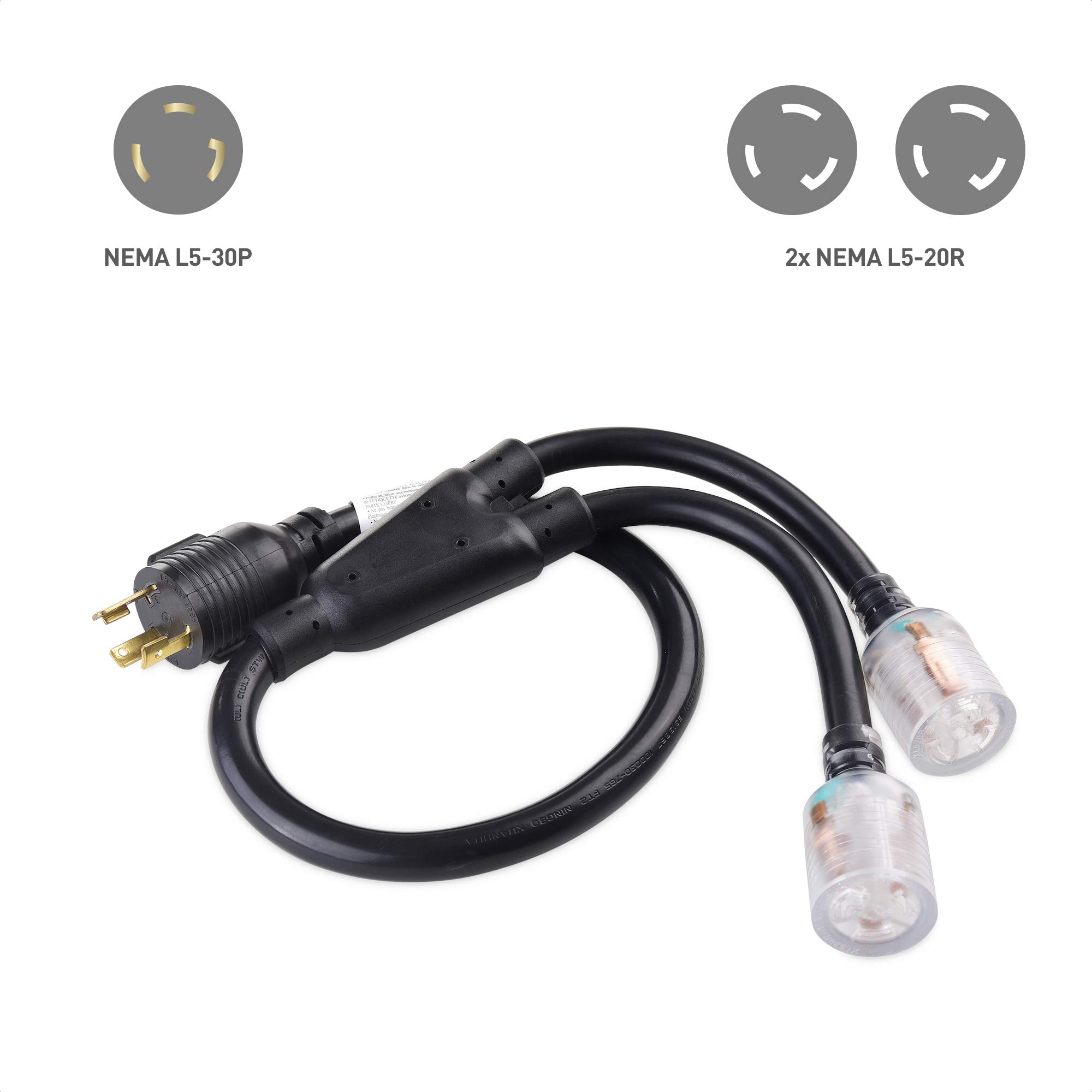 Cable Matters LED-Lit 3 Prong 30 Amp to 20 Amp Adapter for Generator (30 Amp to 20 Amp Adapter Splitter) 3 Feet - NEMA L5-30P to 2X L5-20R