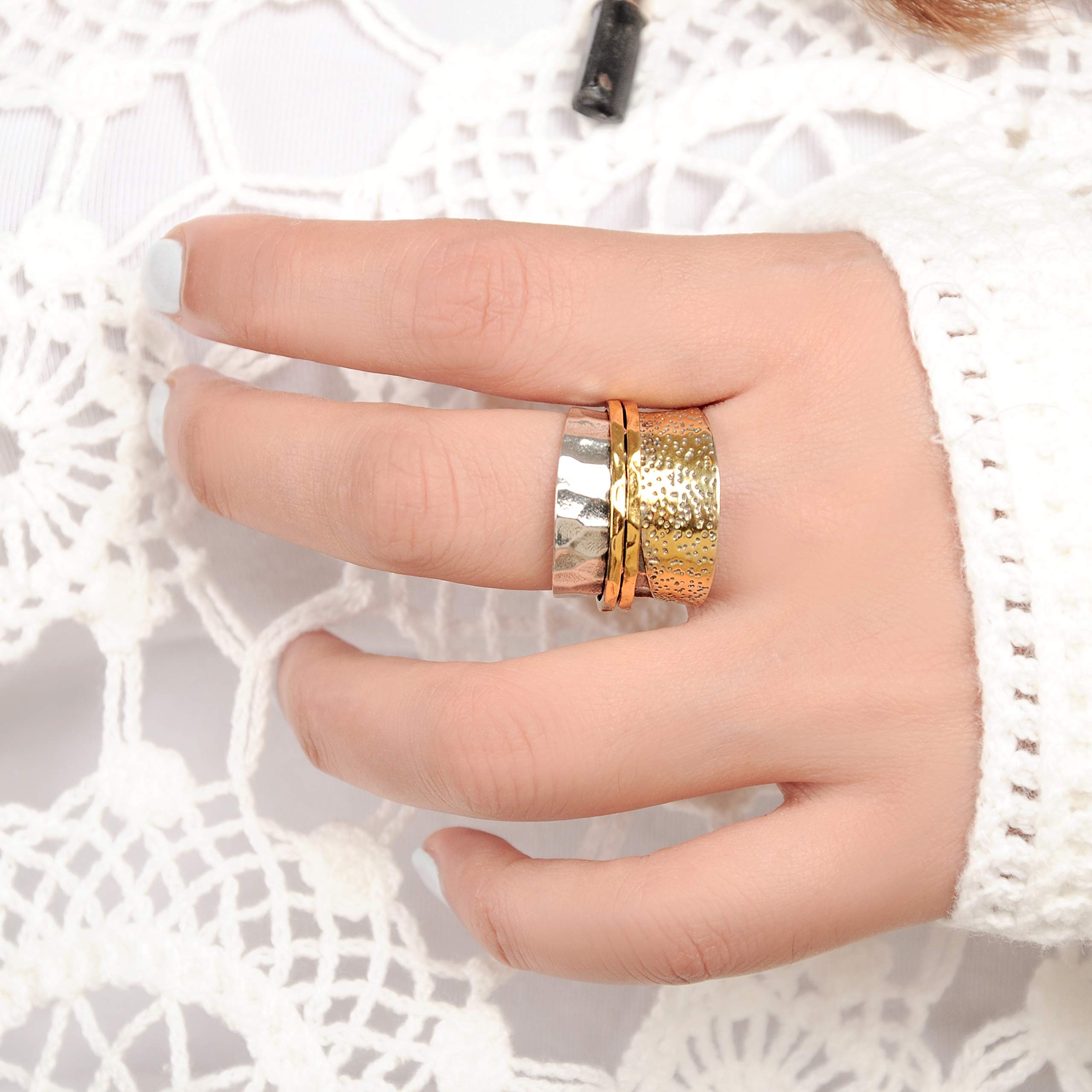Boho-Magic 925 Sterling Silver Spinner Ring for Women with Brass Fidget Rings Wide Band (9)