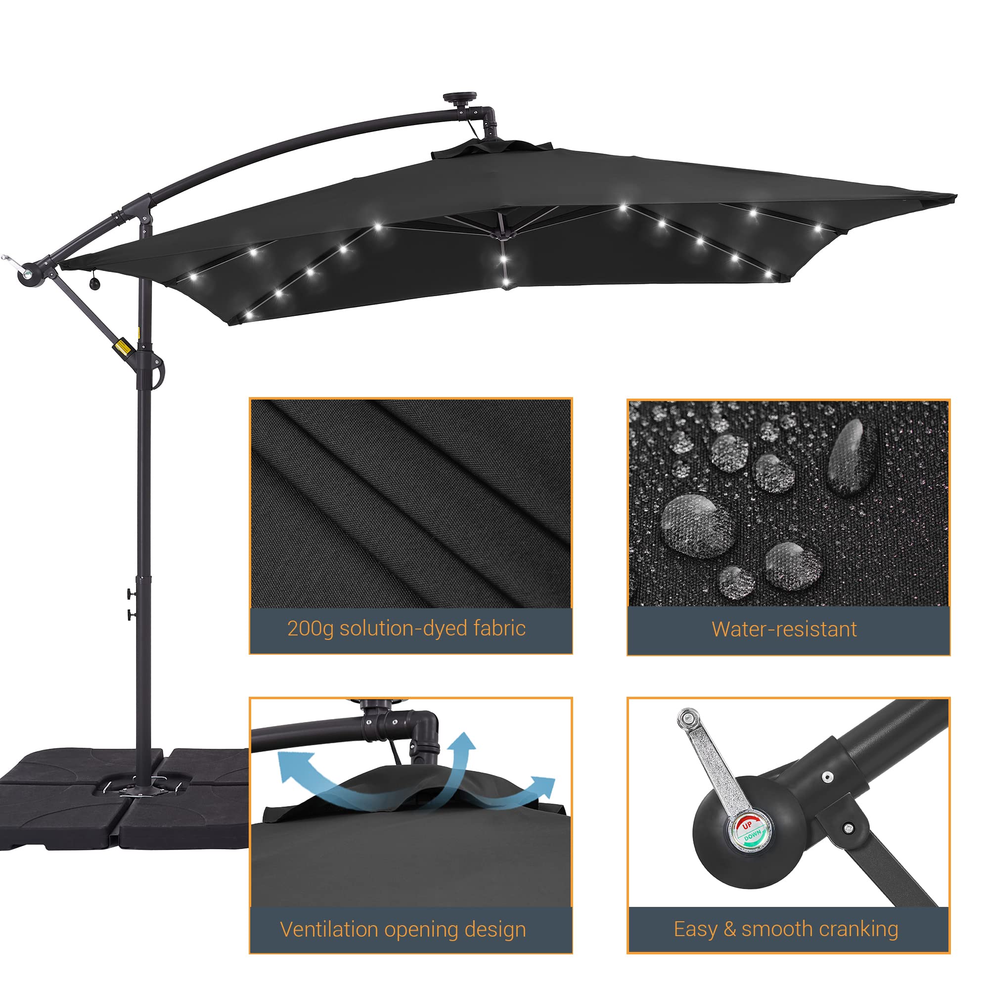 Bonosuki 8.2 x 8.2′ LED Patio Offset Umbrella With a Base, Outdoor Hanging Umbrella for Yard, Poolside and Deck,Black
