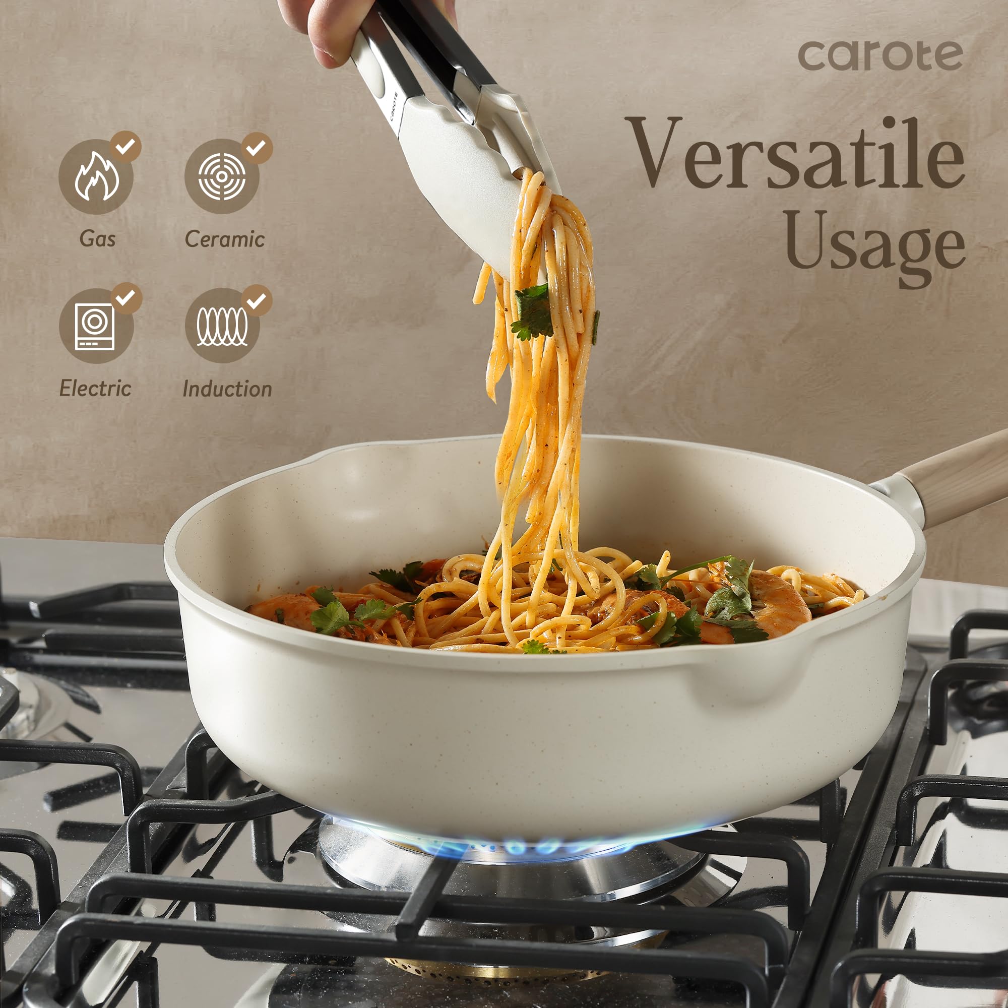 CAROTE 21pcs Pots and Pans Set Non Stick, Kitchen Cookware Sets, Easy to Clean Kitchen Induction Pots and Pans, Pot and Pan Sets for Cooking, Cream White