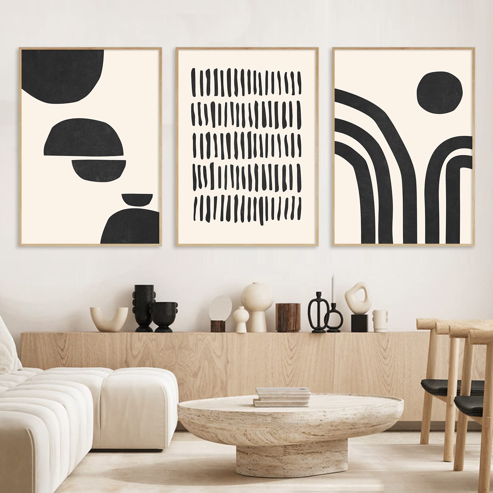 Black and White Abstract Wall Art Boho Line Abstract Drawings Poster Black Stroke Painting Beige Black Abstract Shapes Canvas Modern Geometric Pictures Abstract Line Artwork Print 16x24inchx3 No Frame