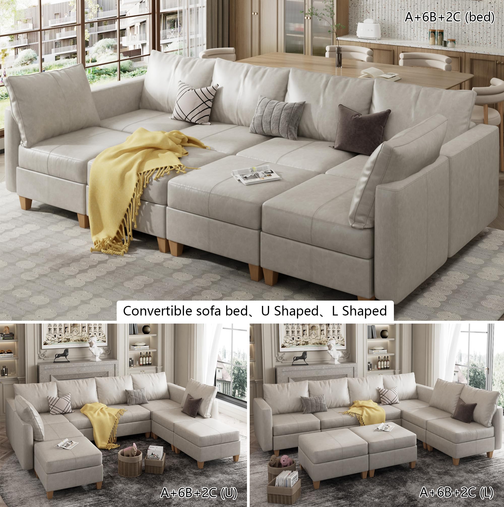 EASE MOOSE Faux Leather Sectional Modular Sofa,Sectional Couch with Storage Ottomans, 8 Seat U Shaped Modular Sectional Convertible Sleeper Sectional Sofa