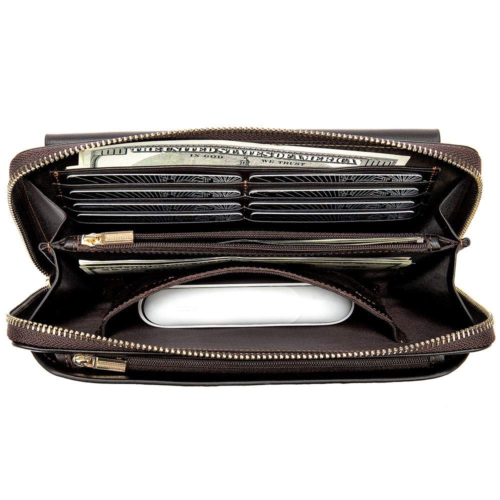 Real Leather Clutch Bags for Men Large Zip Around Genuine Leather Purse Vintage Retro Checkbook Handbag Coffee