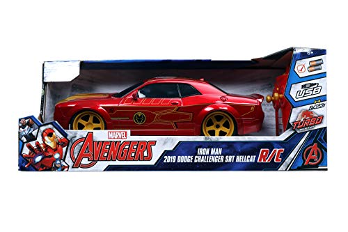 Jada Toys Marvel 1:16 Iron Man 2019 Dodge Challenger SRT Hellcat RC Remote Control Car 2.4GHz, Toys for Kids and Adults, Red