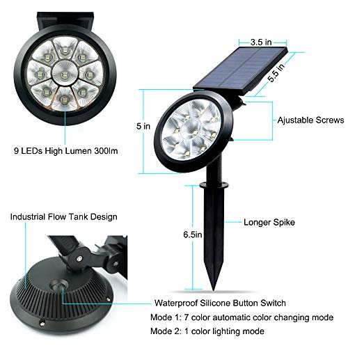 BOHON Solar Lights Outdoor 9 LEDs Multi Color Spot Light with Auto On/Off, Waterproof Spotlight Solar Garden Lights for Landscape Lighting Yard Patio(Changing & Fixed Color 2Pack)