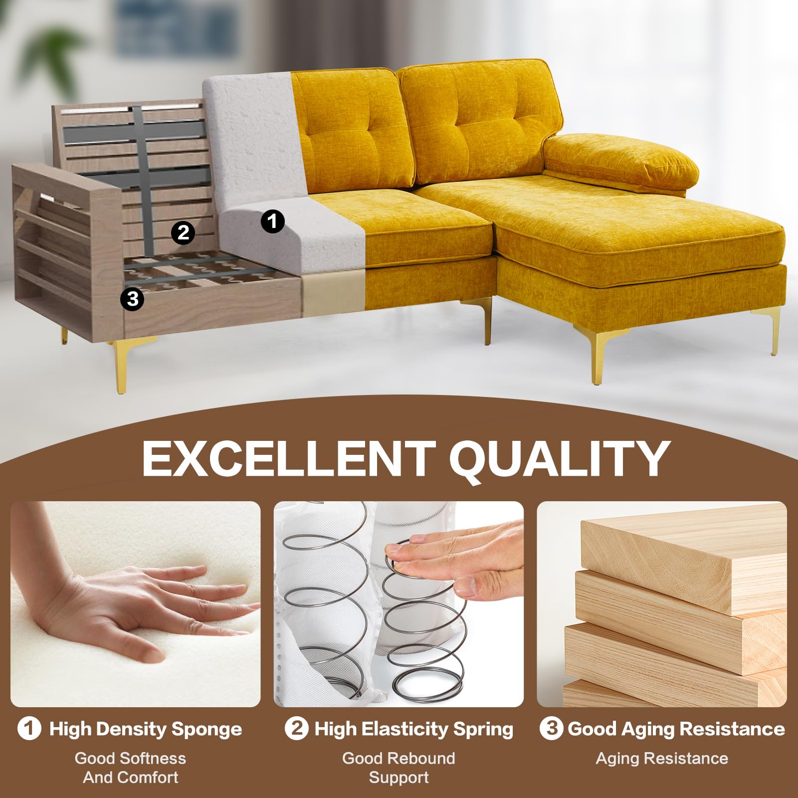 EASELAND 83" L Shaped Convertible Couch, Chenille Couch Sectionals for Living Room, 3-Seat Comfy Lounge Sofa for Bedroom with Chaise, Sleeper Sofa Bed with Fluffy Armrests, Washable Cushion(Yellow)