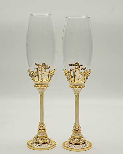 Lassos Boutique Quinceanera Sweet 15 Champagne Toasting Flutes and Cake Knife Pie Server Set, Gold (Champagne Flutes Only)