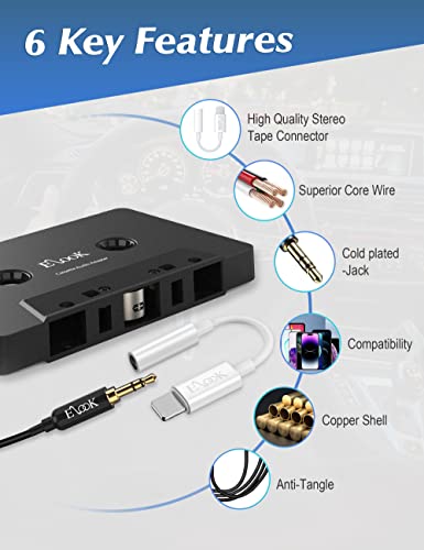 Elook 2023 Car Cassette Aux Adapter Kit, with Upgraded Smartphone to 3.5 mm Headphone Jack Adapter for Phone, MP3 ect. Black