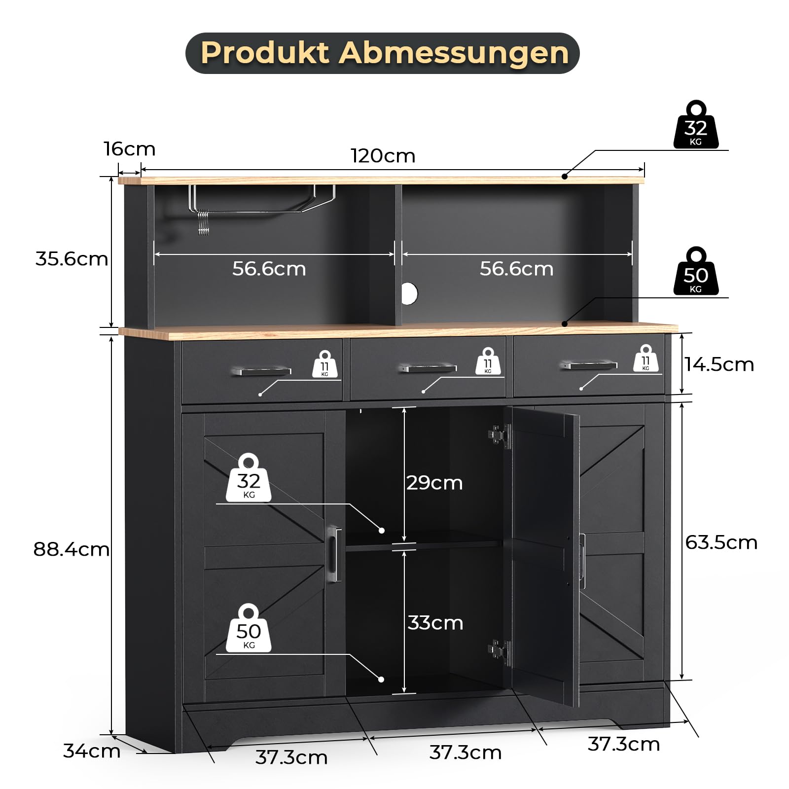 Black Buffet Sideboard Storage Cabinet - 47" Large Double-Layer Kitchen Pantry Cabinet with 3 Drawers & 3 Doors, Modern Liquor Coffee Bar Cabinet Buffet Table with Hutch for Dining Living Room