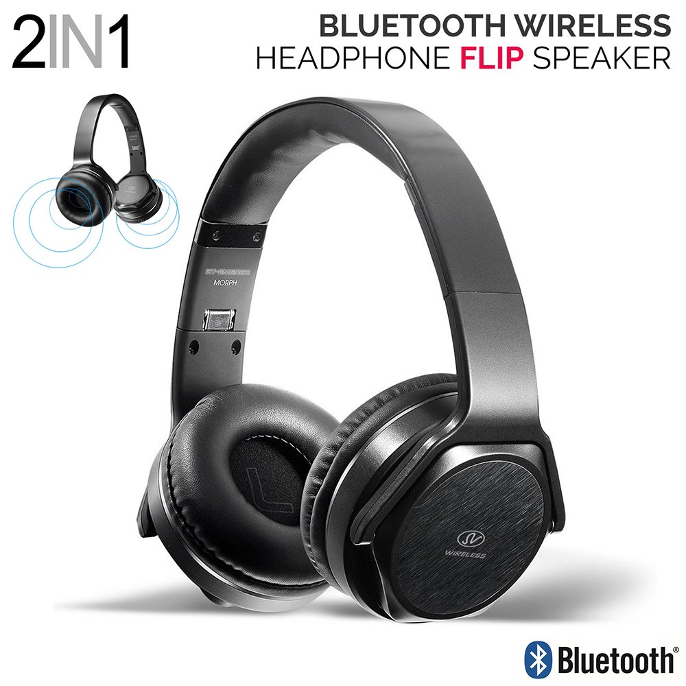 CableWholesale Bluetooth Wireless Headphone flip Speaker, 2 in 1, with AUX Input and Micro SD Card Port, Includes Built-in Microphone for Phone Calls.