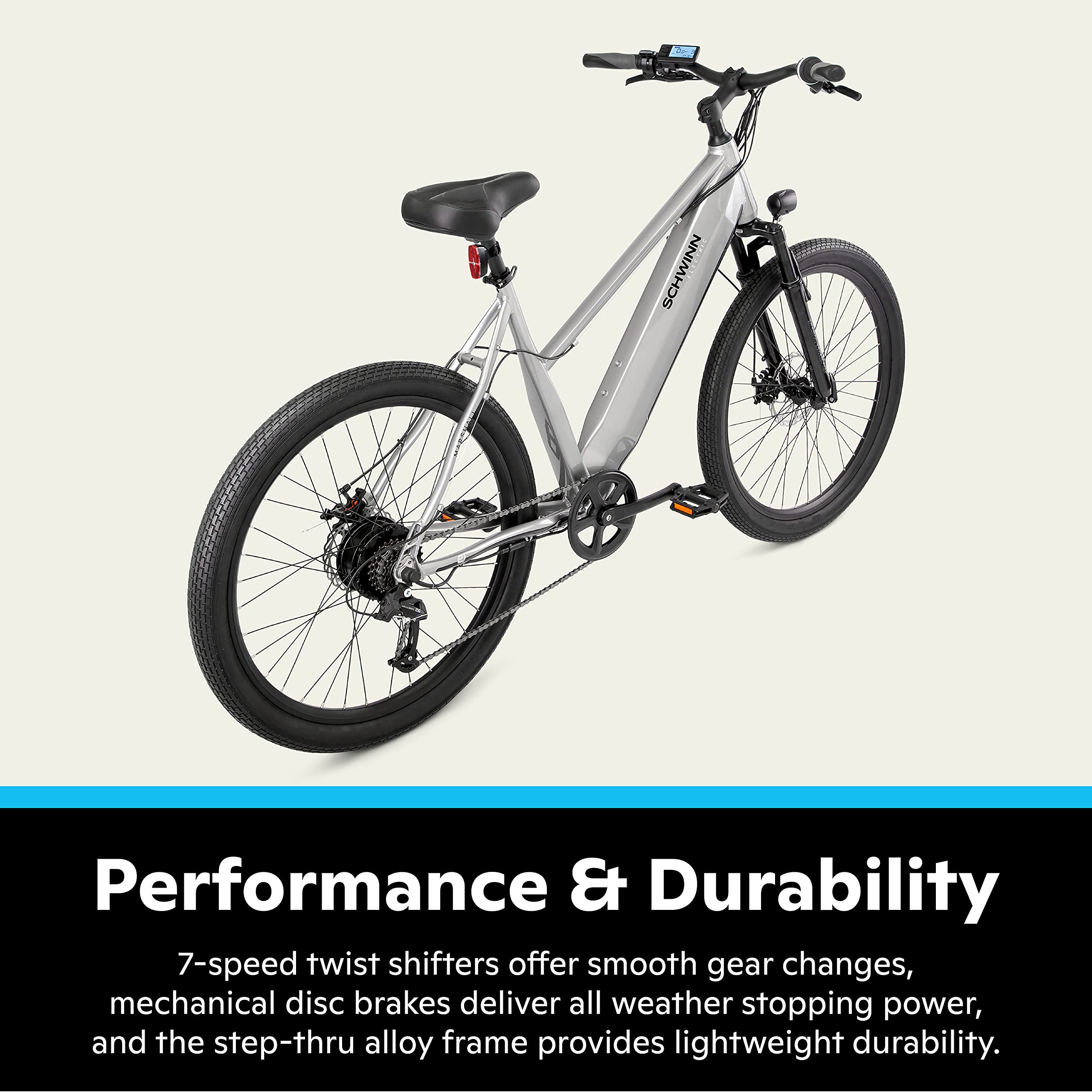 Schwinn Marshall Electric Hybrid Bike for Adults, Small/Medium Step-Thru Aluminum Frame, 250W Motor, 7 Speed, 27.5-Inch Wheels, Gloss Grey