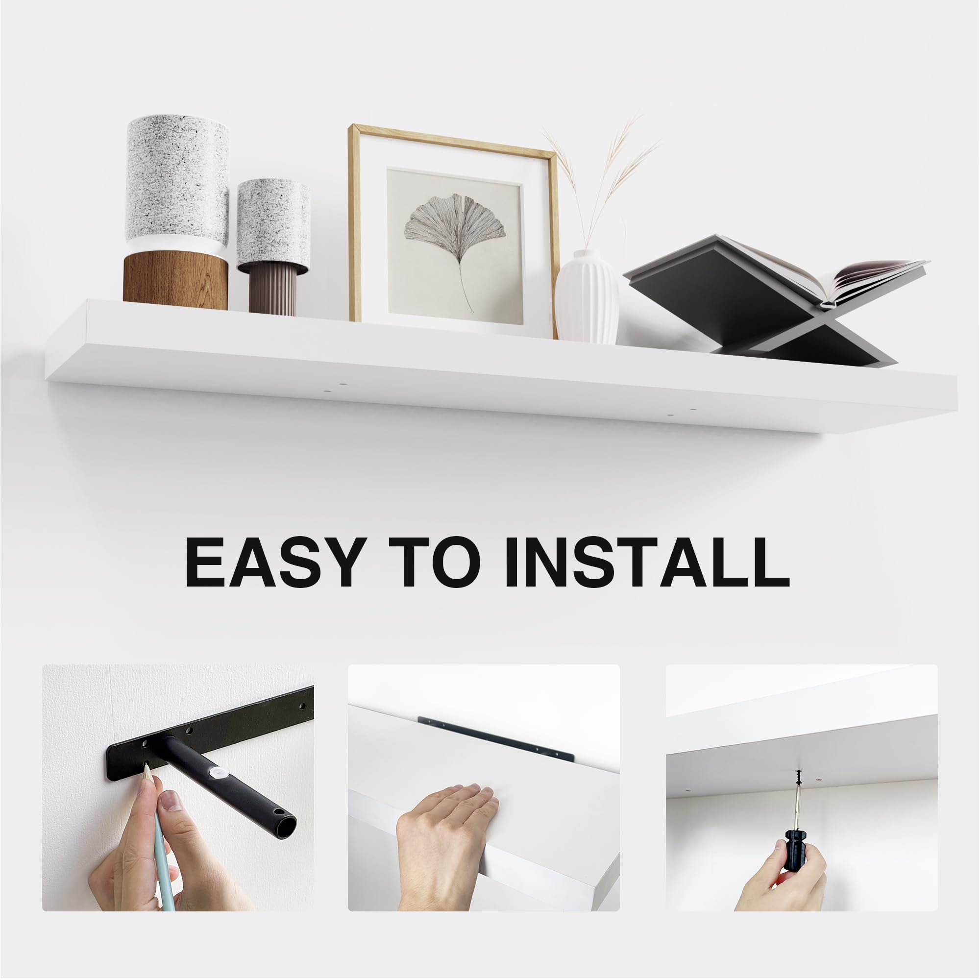 Colima Floating Shelves for Wall White Wood Wall Shelf for Bedroom, 36 Inch Wall Mounted Floating Shelves for Bathroom Living Room Kitchen Office, 1.3" Thick Floating Book Shelves for Wall, Set of 2
