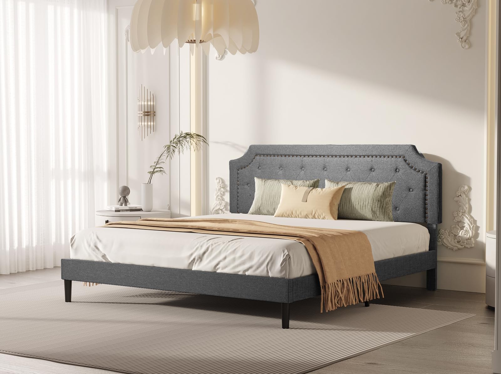 BONSOIR Full Size Bed Frame Upholstered Low Profile Traditional Platform with Tufted and Nail Headboard Linen Fabric Upholstery/Color of Sand (Sand, Full Size)