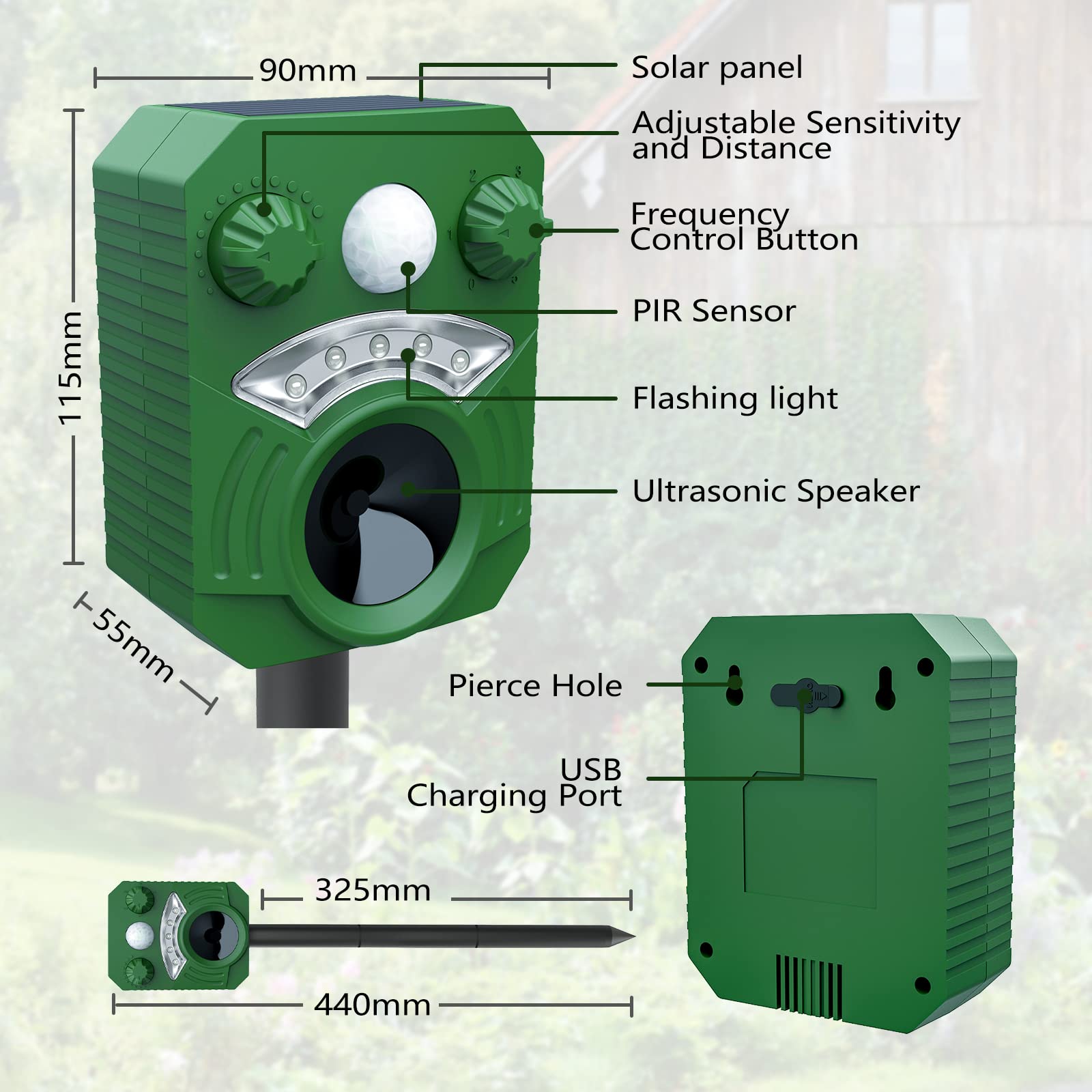 Bocianelli Animal Deterrent for Yard with Motion Sensor & Flashing Light, Repels Cat, Dog, Squirrel, Raccoon, Skunk, Rabbit, Rodent, Fox, Deer 0821