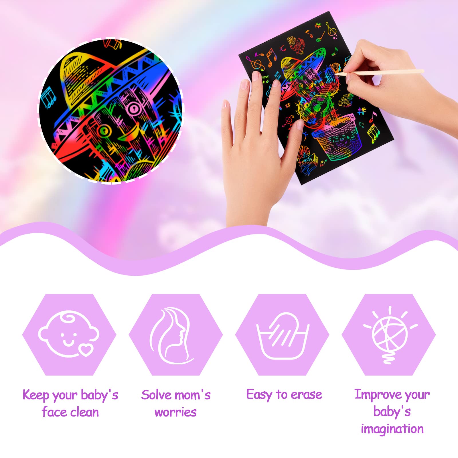 Scratch Art for Kids - 50 Pcs Black Scratch Off Art Paper, Rainbow Scratch Art with 5 Stylus and 4 Stencils, 4.9" X 7.1", Arts and Crafts for Kids Party Games Easter Christmas Birthday - Cactus