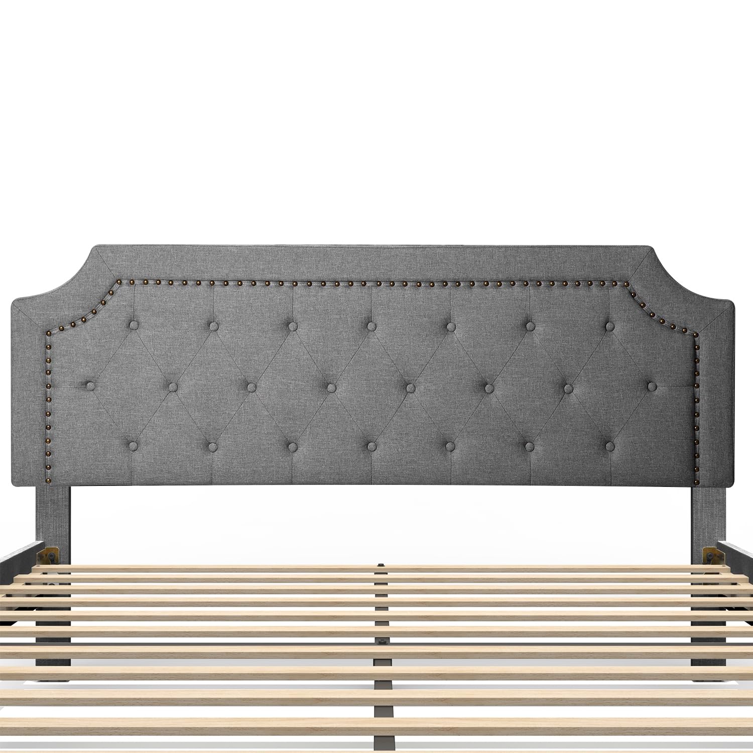 BONSOIR Queen Size Cream Color Bed Frame Upholstered Low Profile Traditional Platform with Tufted and Nail Headboard Velvet Fabric Upholstery (Cream, King Size)