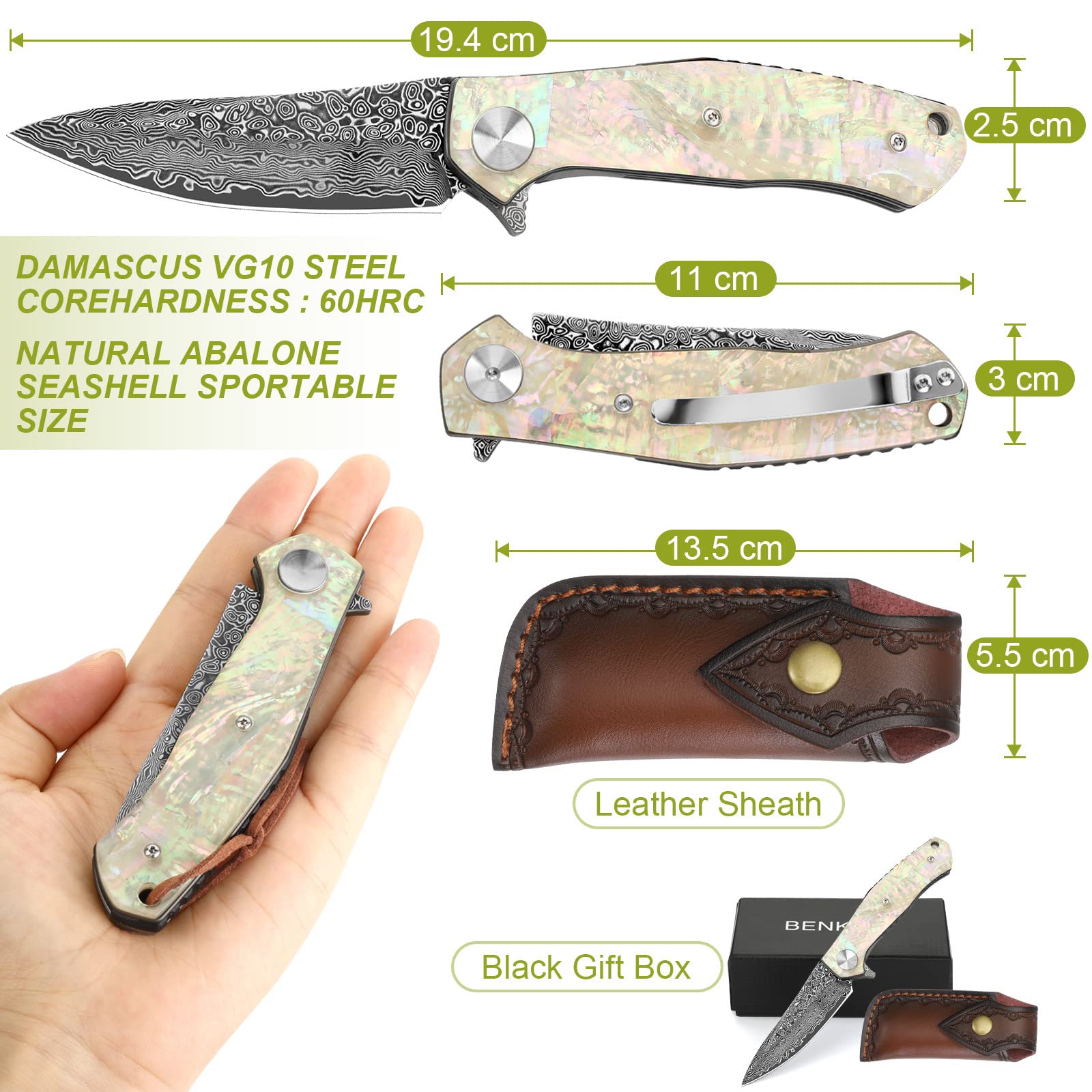 Benkey VG10 Damascus Pocket Knife with Clip Leather Sheath and Abalone Seashells Folding Hunting Knife Bundles