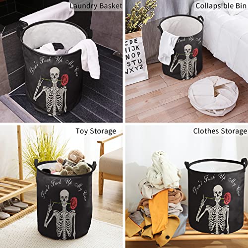 Laundry Hamper Foldable Laundry Basket, Red Roses Skeleton Waterproof Clothes Hamper for Bathroom Bedroom Living Room, Rustic Skull Victory Gesture Toy Baskets for Dollhouse 16.5"x17"