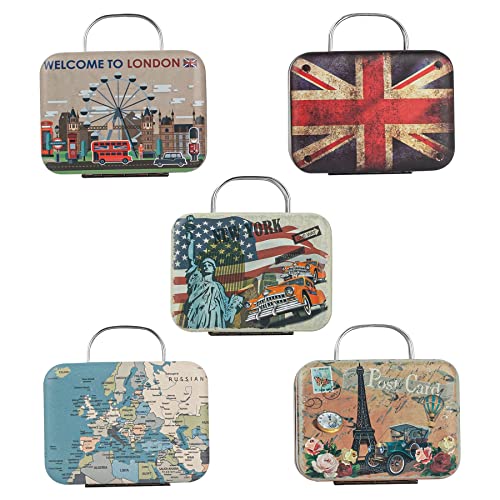 Framendino, 5 Pack Mini Suitcases Boxes Small Cartoon Tin Plate Gift Box Rectangular Coin Container Handbag with Handle for Party Wedding Decorations (Style D)