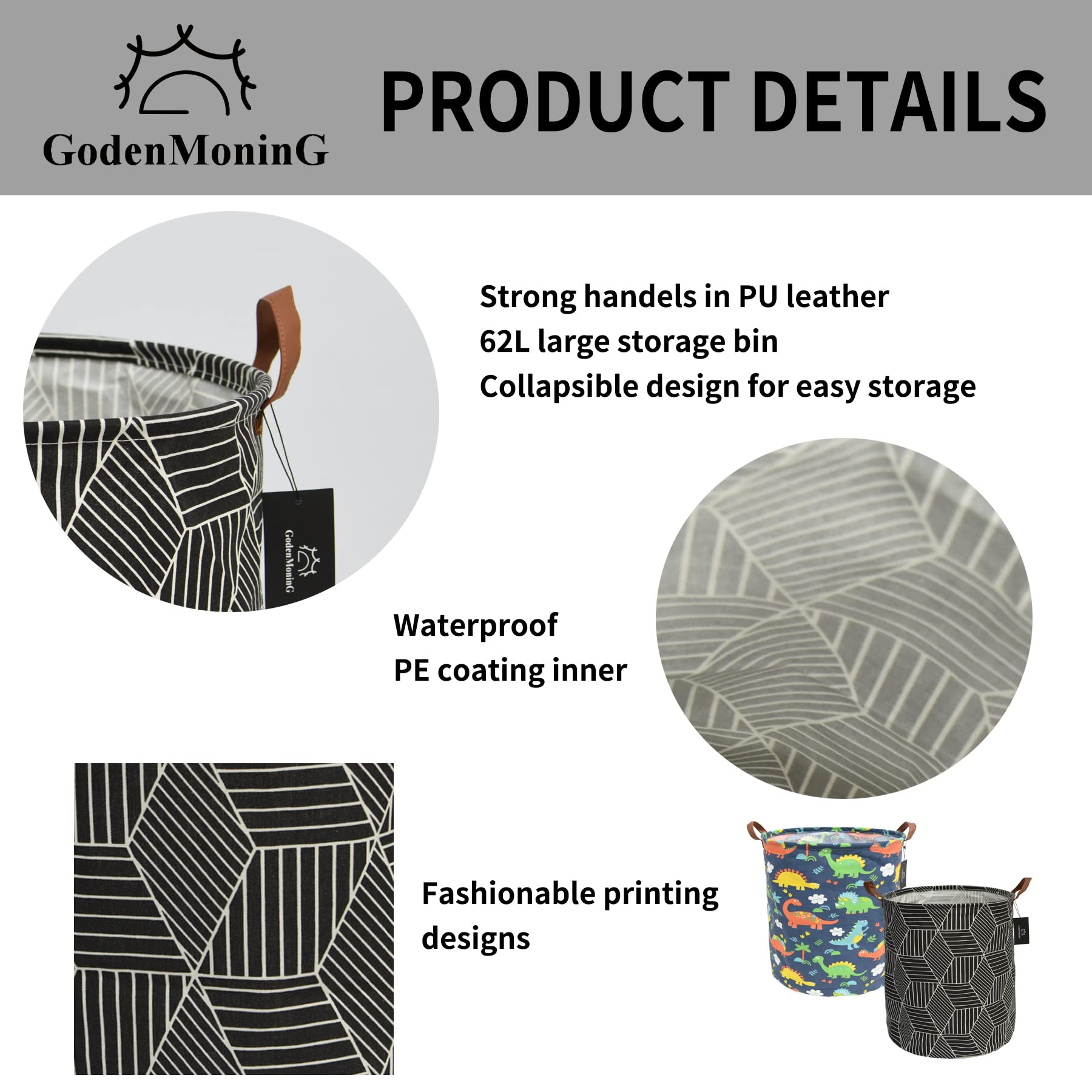 Collapsible Laundry Basket - GodenMoninG 2X 62.8L Large Sized Round Waterproof Storage Bin with Leather Handles,Home Decor,Toy Organizer,Children Nursery Hamper.(2 PACKS,Pine Tree & Grey Avocado)