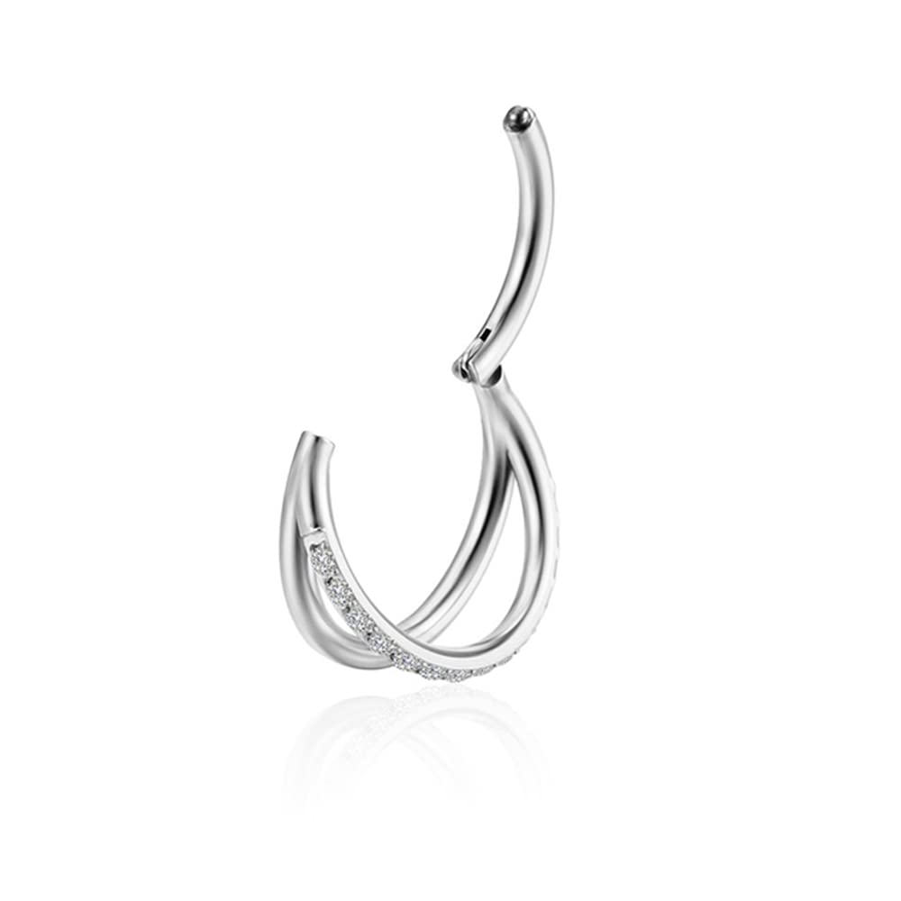 BCBODYG23 Titanium Daith Earring Hoop Solid G23 Cartilage Tragus Helix Rings 16G 2 Rows Apart Nose Ring Conch Piercing Jewelry, 8 mm, Titanium, artificial cubic zirconia