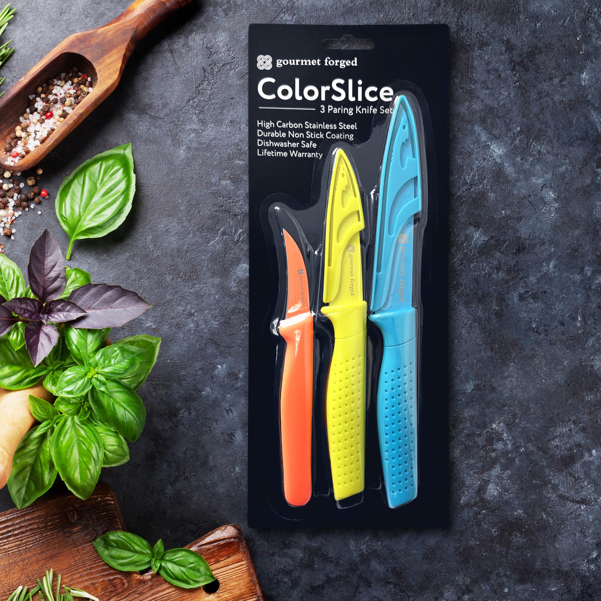 Gourmet Forged ColorSlice 3 PC Color-Coded Paring Knife Set. 5" Fruit Knife, 3.5" Paring, 3" Bird Beak Hook Peeler Curved Non Stick Dishwasher Safe Knives Sharp Stainless Steel Anti Rust