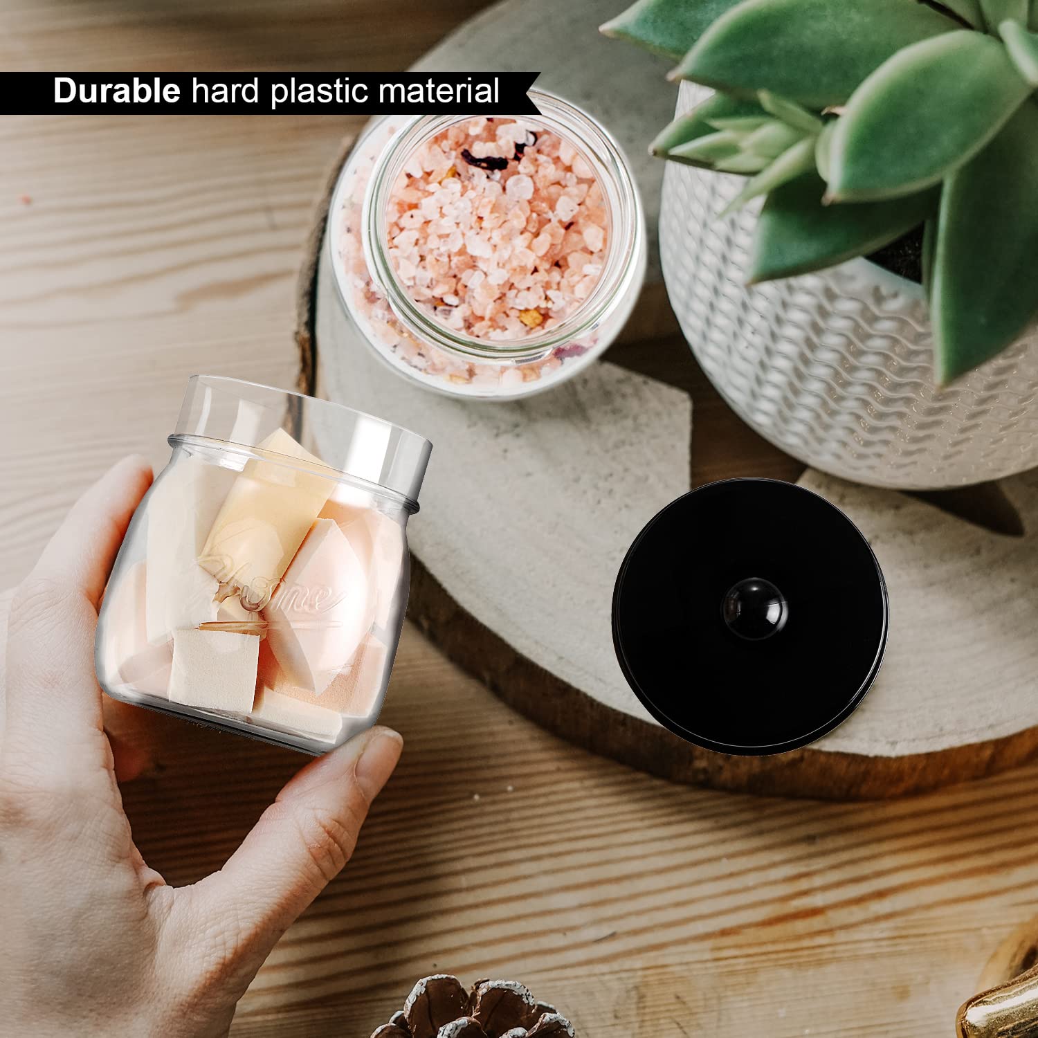 Farmhouse Decor Apothecary Jar Set,Mason Jar Bathroom Vanity Storage Organizer Canister - Qtip Holder Plastic Acrylic Jar for Cotton Swabs,Cotton Pads,Floss Picks,Paper Clips,Hair Clips(2 Pack,Black)
