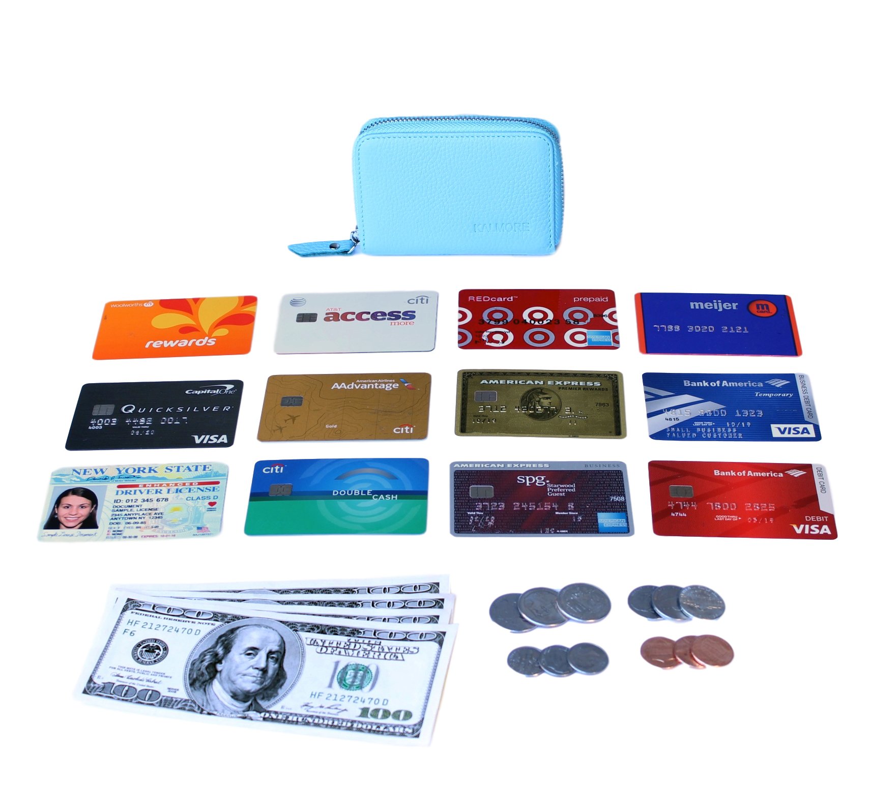 KALMORE Women's Leather RFID Card Wallet Small Purse Window, Turquoise Blue, One Zipper with ID