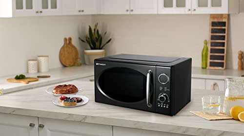 Emerson Radio .9 Cu Ft Digital Microwave Oven, Grill Function, 1,000 Watt, Retro & Chrome, 8 Pre-Programmed Settings, Express & Defrost, Chrome Handle & Control Buttons, Timer & LED Display,Black