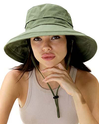 Hatiis Sun Hats for Women Gardening Beach Sun Protection Breathable Cotton Summer Hat with Fold-Up Wide Brim (Green, Medium)
