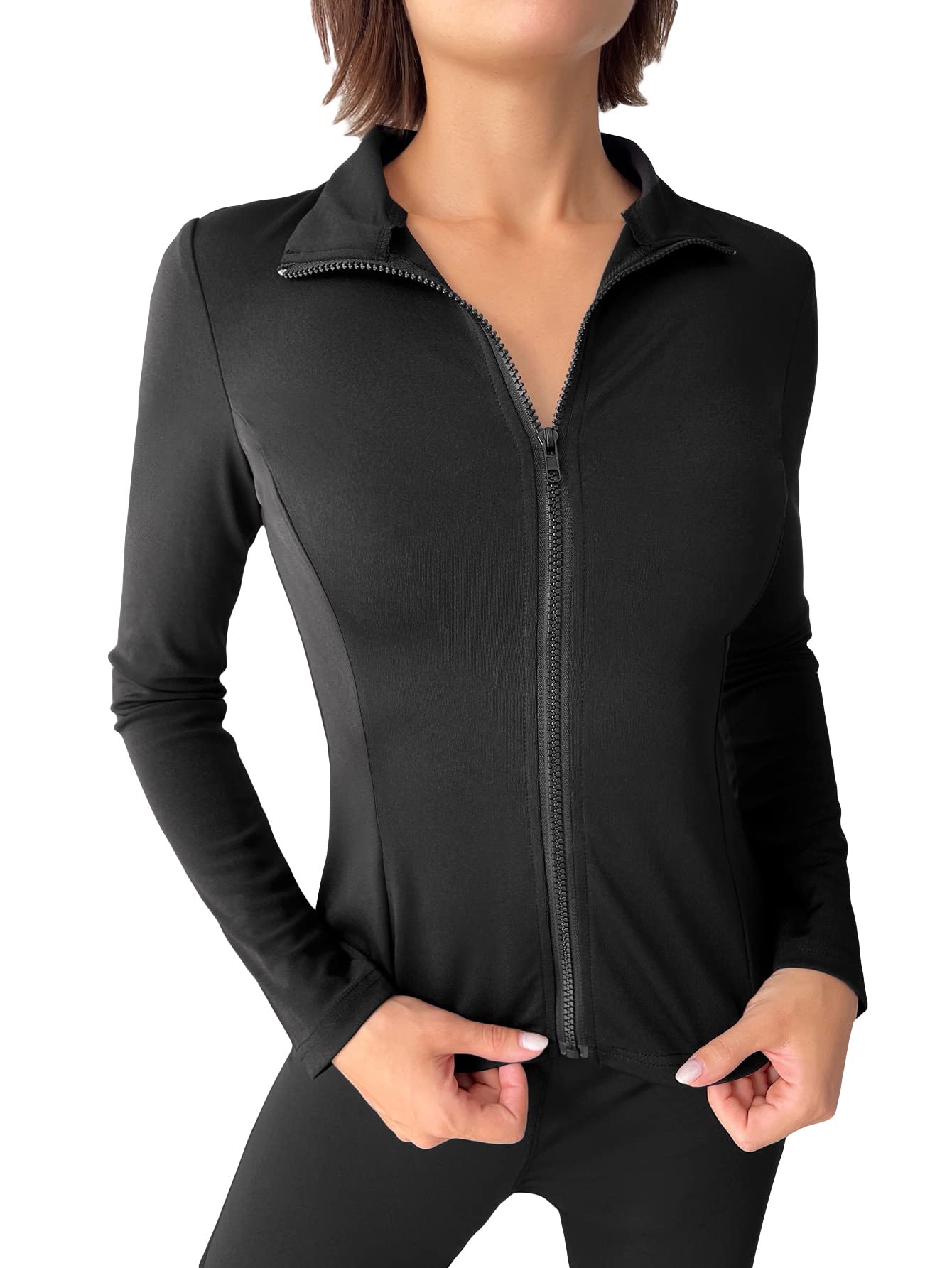 Cozyease Women's Athletic Zip Up Lightweight Jacket Long Sleeve Cropped Workout Tops with Thumb Holes Black Plain Solid M