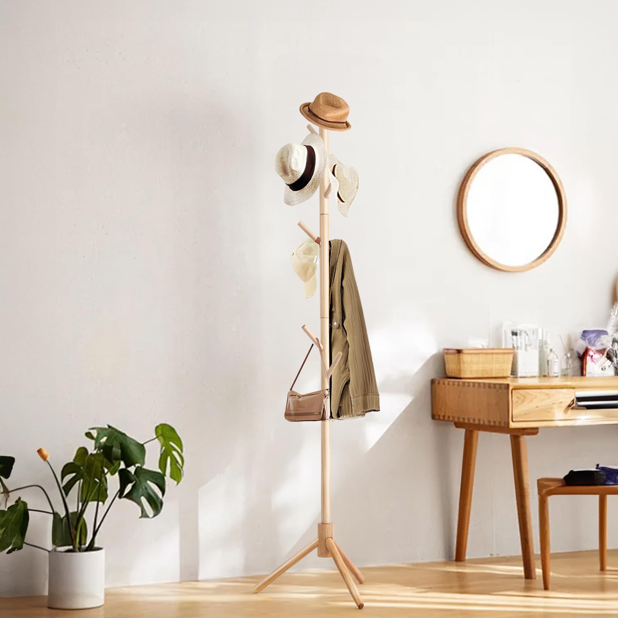 GPYP Wooden Coat Rack Freestanding Adjustable Height modern free standing coat rack tree heavy duty for Hall Way Entryway hanging Clothes Hat Ties Umbrella for Kids (Natural)