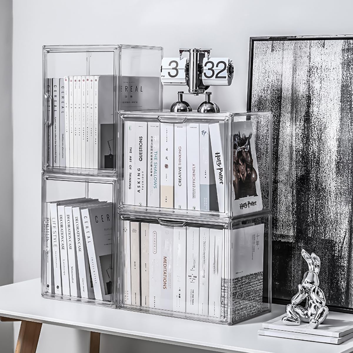 Fox Claw Clear Acrylic Bookcase, Book Organizer Box, Portable Book Containers with Magnetic Door, Stackable Display Case for Purses Handbags Dolls Toys Shoes(Clear, 14.17" ×10.63"×8.66")
