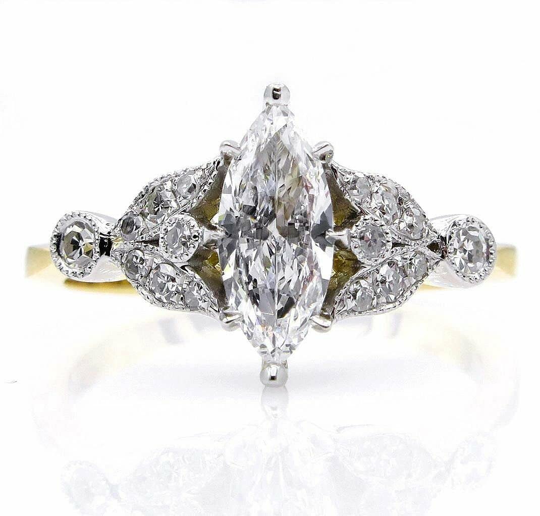 BeBold 3Ct Marquise Cut Moissanite Vintage Inspired Leaf Accent Engagement Ring for Women Sterling Silver Dual Rhodium Plated