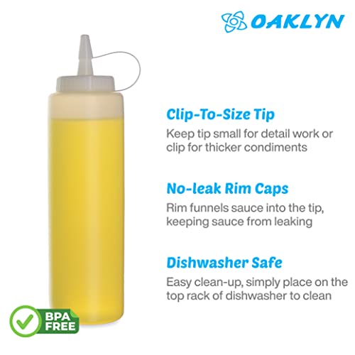 Oaklyn (3pk 24 oz Plastic Squeeze Squirt Condiment Bottles with Twist On Cap Lids - top dispensers for ketchup mustard mayo hot sauces olive oil - bulk clear bpa free bbq set