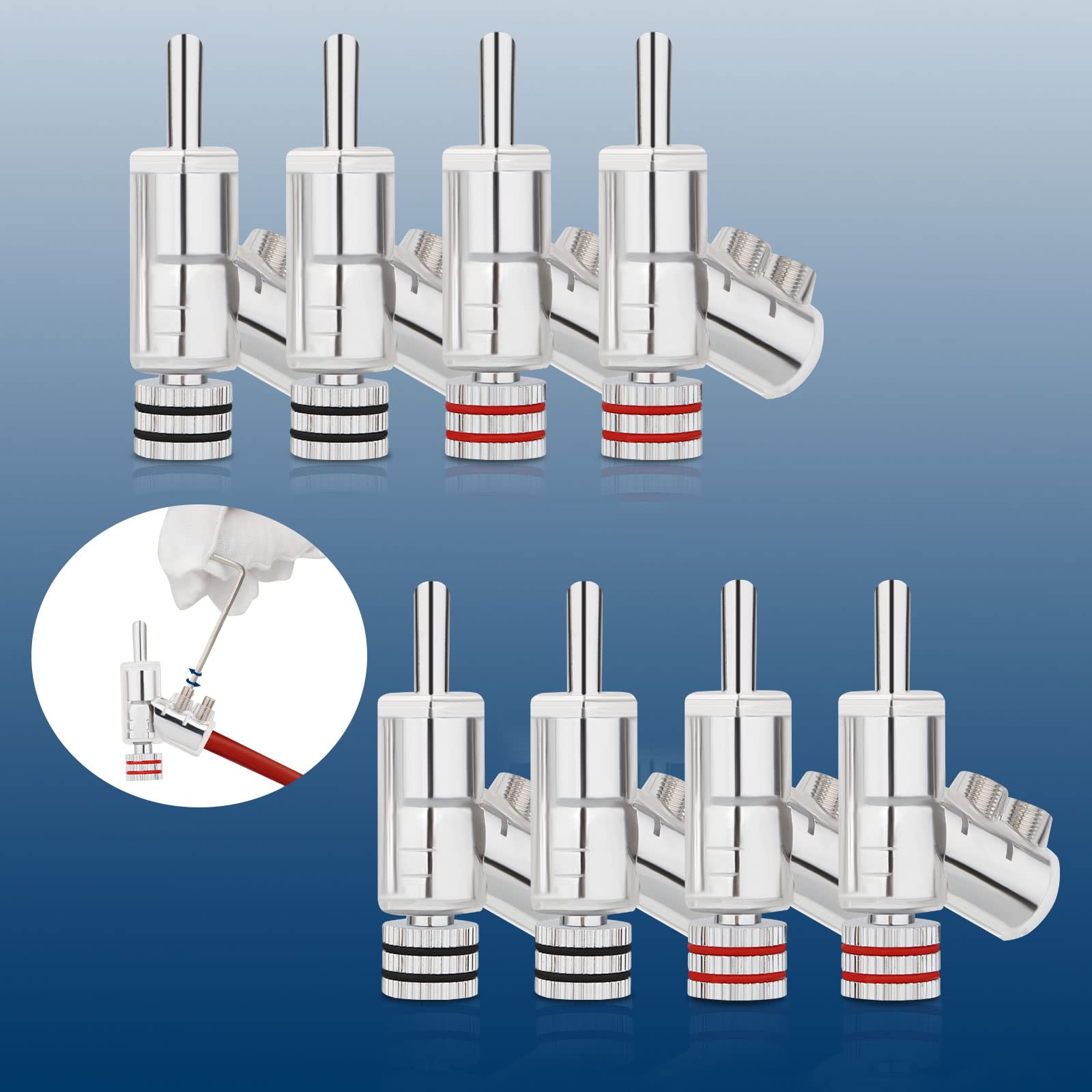 Monosaudio Locking Banana Plugs 8Pcs 45 Degree Banana Connectors Double Screw Speaker Banana Plug for 8-15 Guage Speaker Wire,Audio/Video Receiver,Sound Systems with L-Form Hex Wrench(Rhodium Plated)