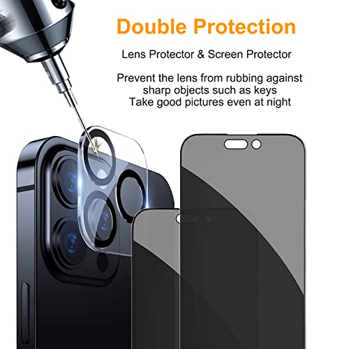 Pehael [2+2 Pack] iPhone 14 Pro Max Privacy Screen Protector with Camera Lens Protector Full Coverage Anti-Spy Tempered Glass Film 9H Hardness Upgrade Edge Protection Easy Installation Bubble Free Specially Designed for iPhone 14 Pro Max [6.7 inch]