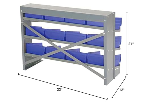 Global Industrial 3 Shelf Bench Rack, (12) 8" W Blue Bins, 33x12x21