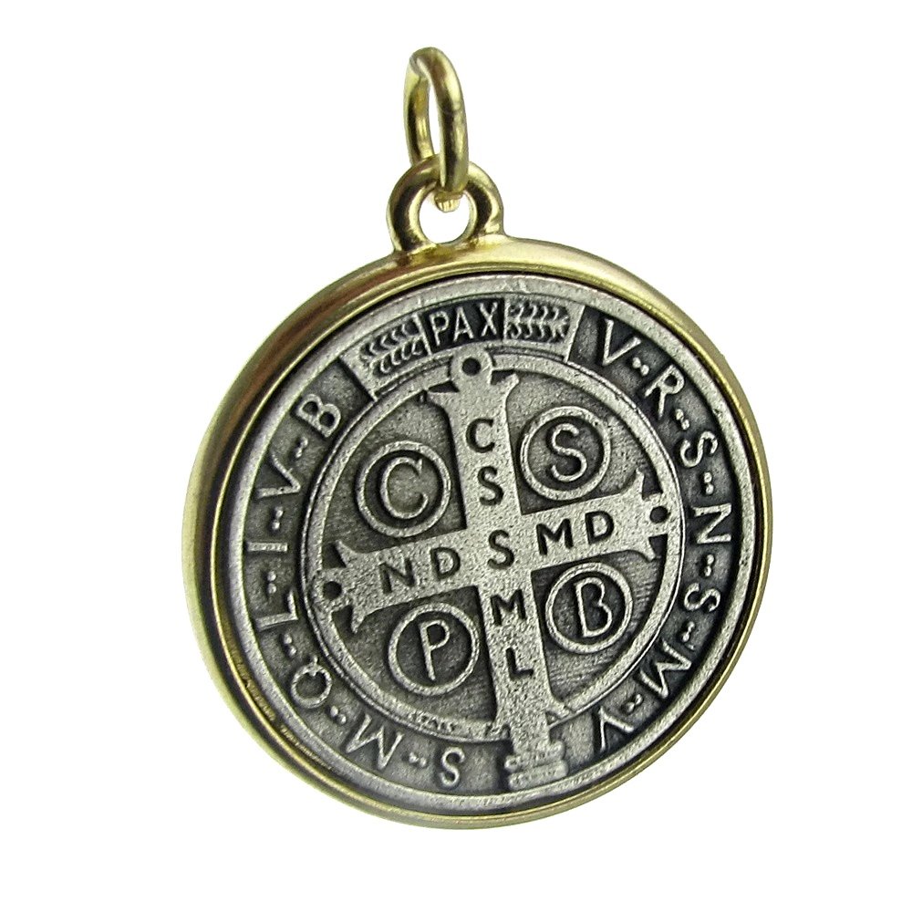Bling Cartel Medalla De San Benito Saint St Benedict Two Tone Medallion Antiqued Silver & Gold Finish 35mm Medal