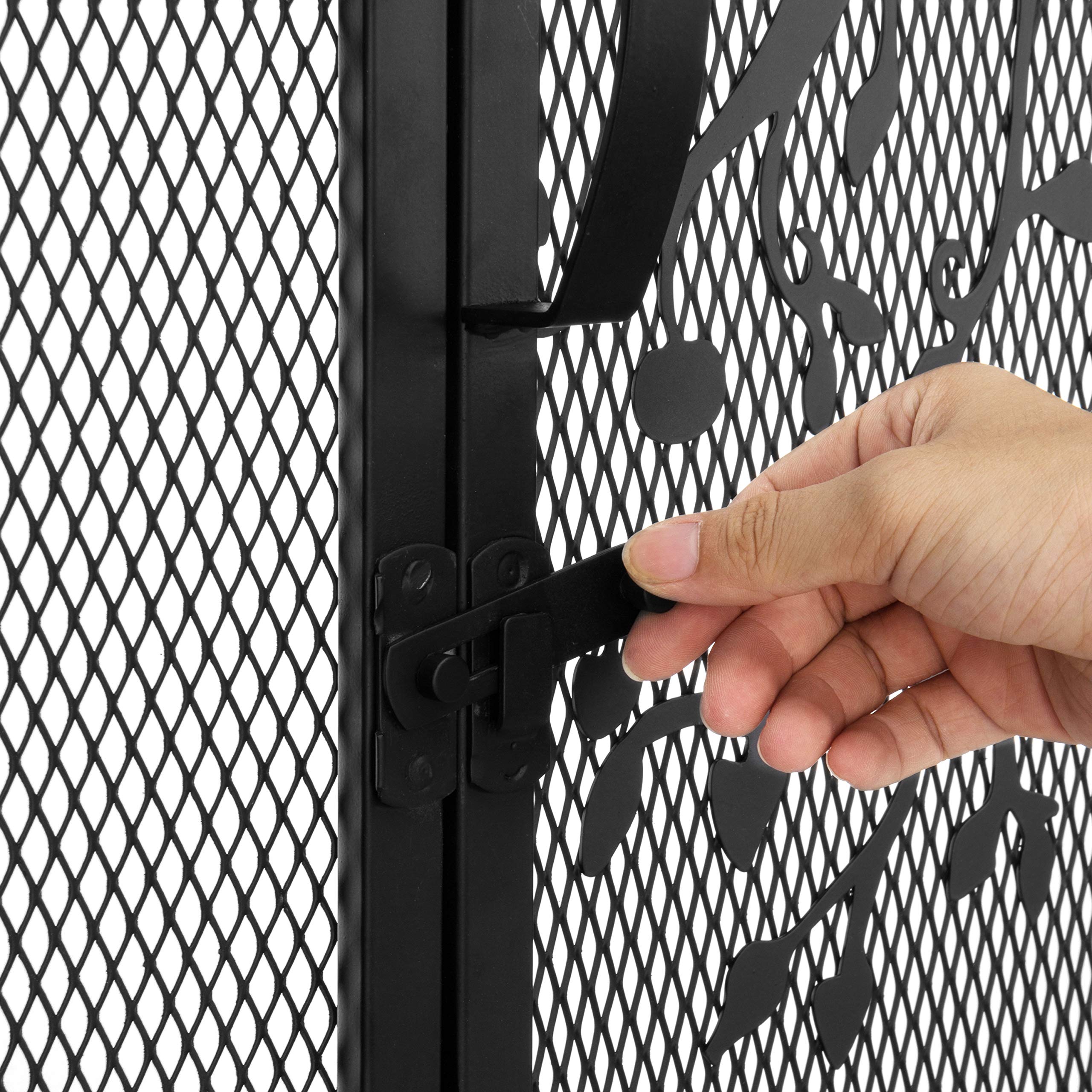MyGift Black Wrought Iron Fireplace Screen Door with Silhouette Tree & Bird Design