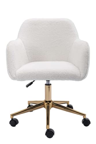 DBXII Modern 360°Swivel Velvet Office Chair Mid-Back Desk Chairs with Wheels Adjustable with Side Arms Gold Metal Base Cute Desk Chair for Bedroom, Home Office, Vanity Room (White Teddy + Wool)